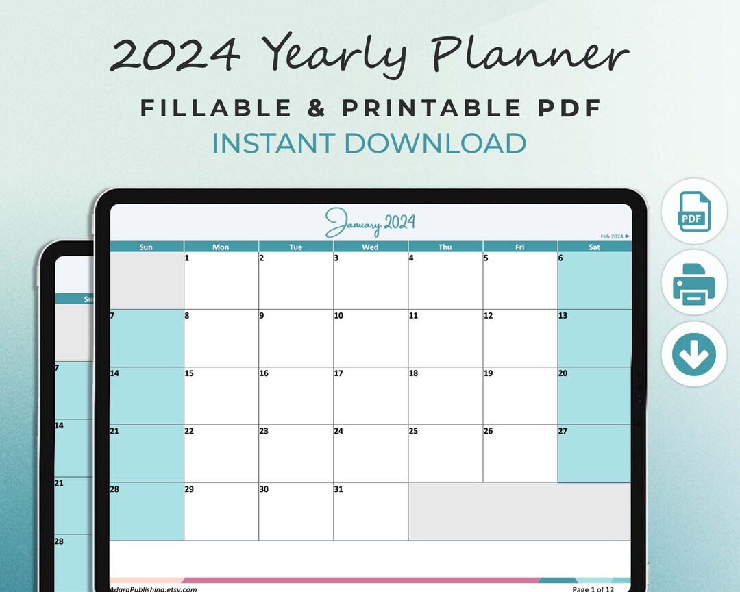 2024 Yearly Planner, Printable, Fillable PDF, Full Calendar Year ...