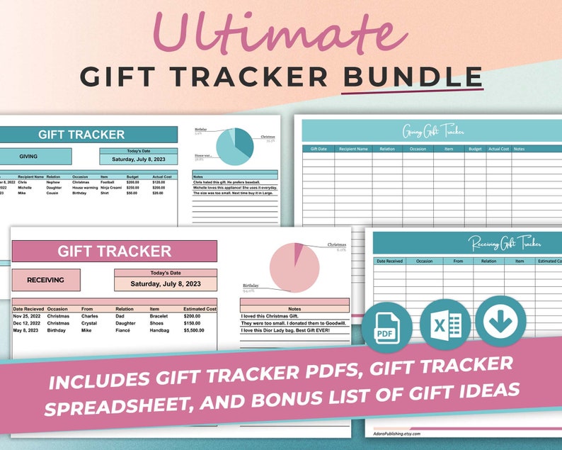 Gift Tracker Bundle, Gift Planner, Fillable and Printable, Spreadsheet ...