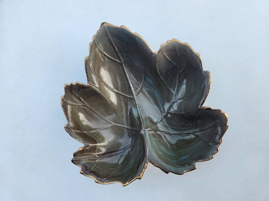 Art Studio Pottery Leaf Trinket Dish Green Gold Glazed Ceramic Signed ...