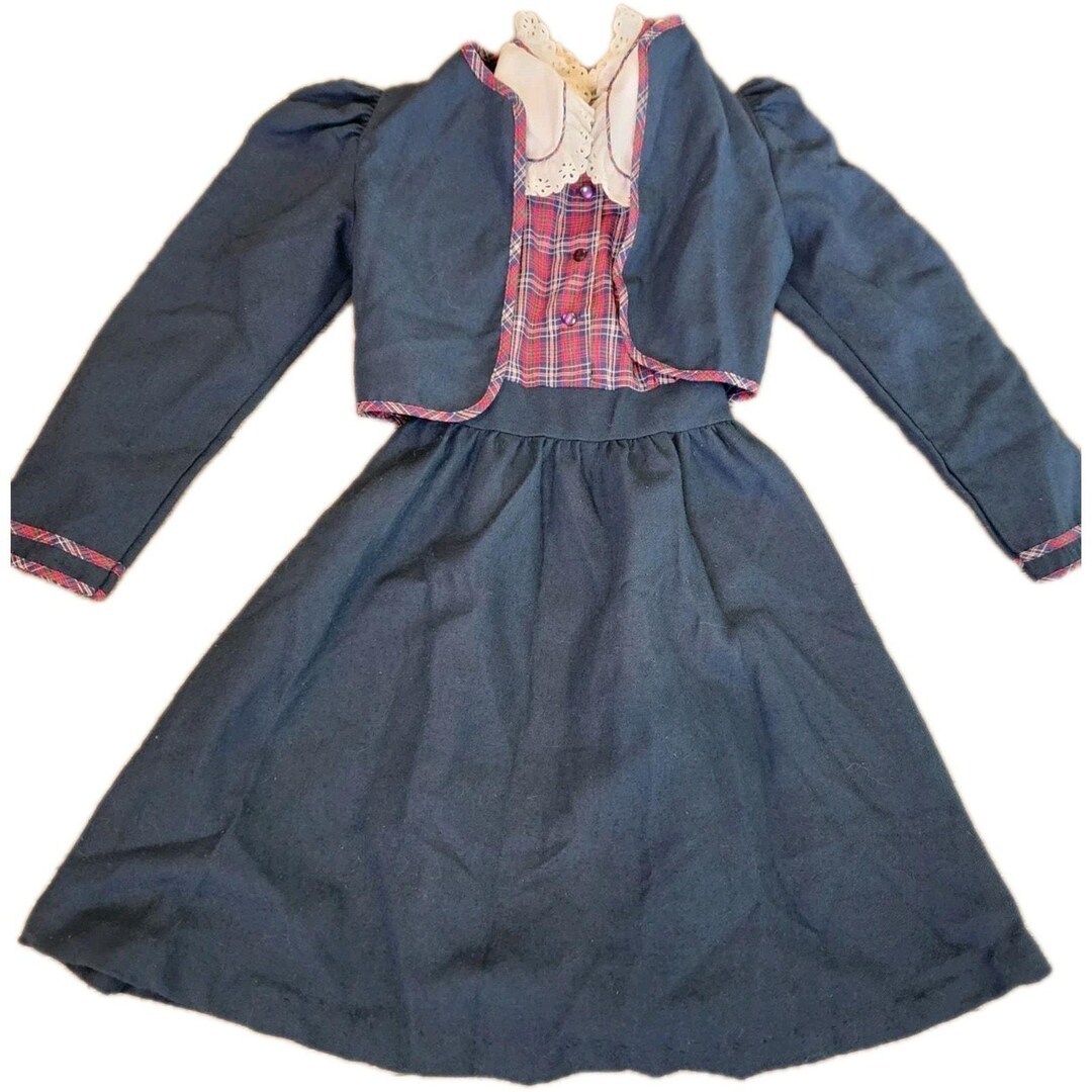 Vtg 80s Party Dress & Jacket Set Girls Red Blue Plaid White Collar Lace ...
