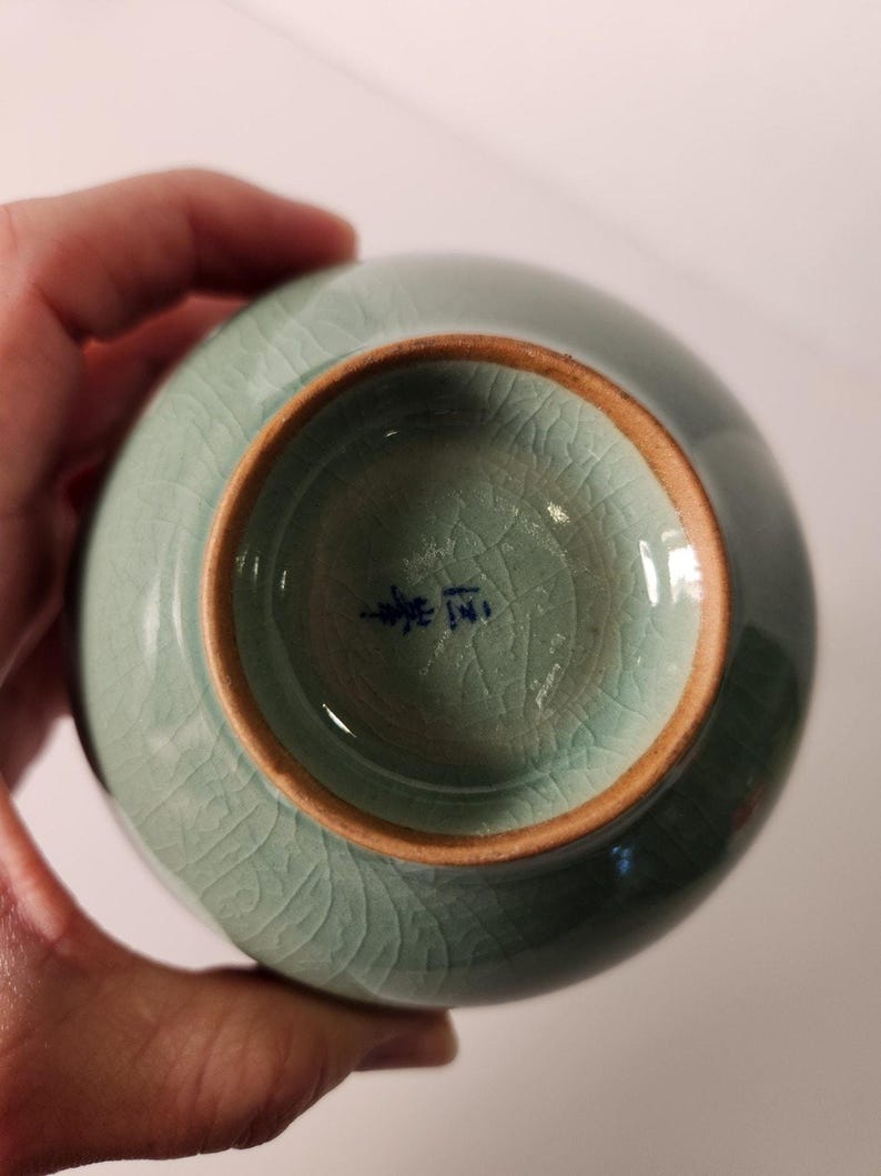 VTG Korean Green Celadon 7” Inlaid Crane Crackle Glaze Porcelain Vase ...