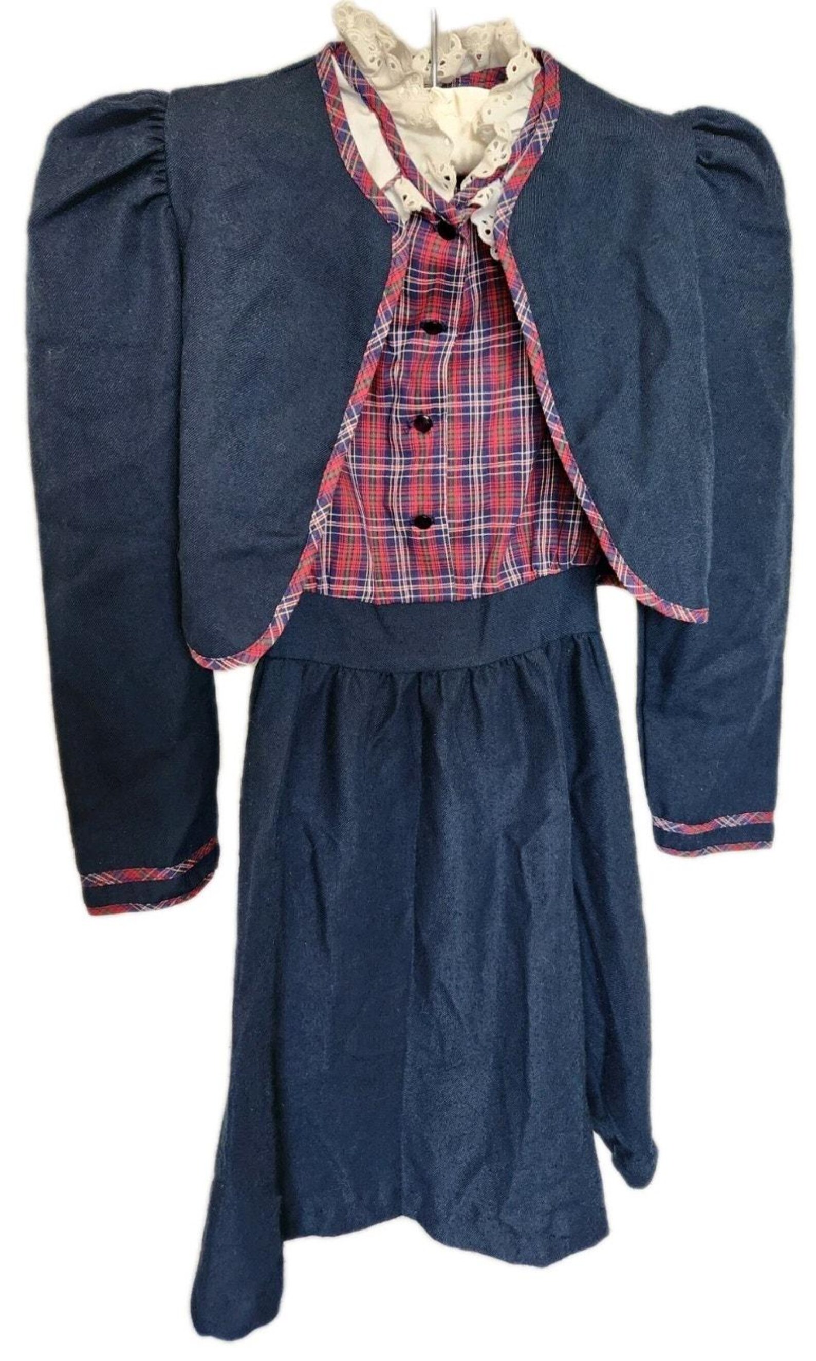 Vtg 80s Party Dress & Jacket Set Girls Red Blue Plaid White Collar Lace ...
