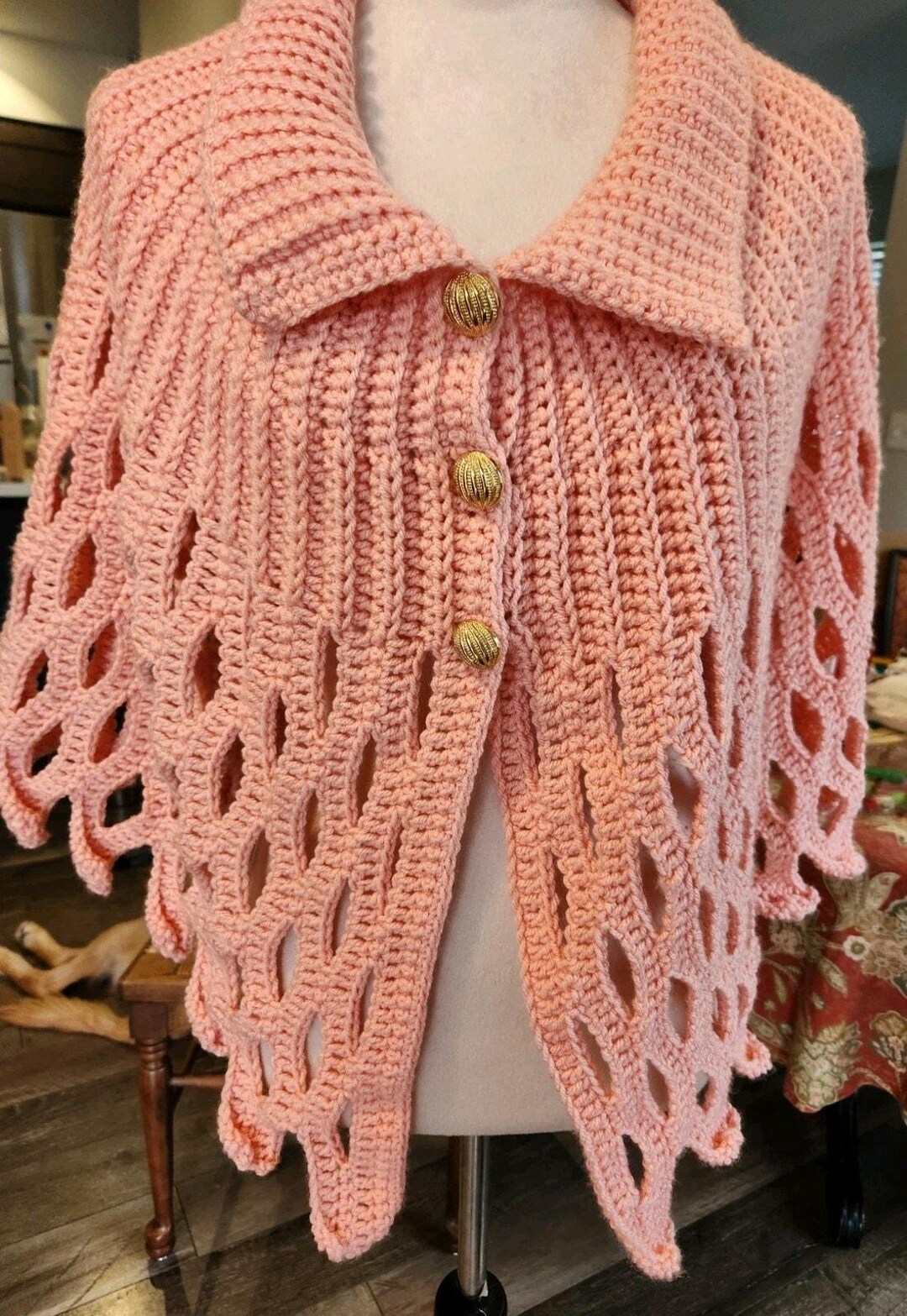 Vintage Crochet Granny Shawl Wrap Boho Hippie Cottagecore Peach Small ...