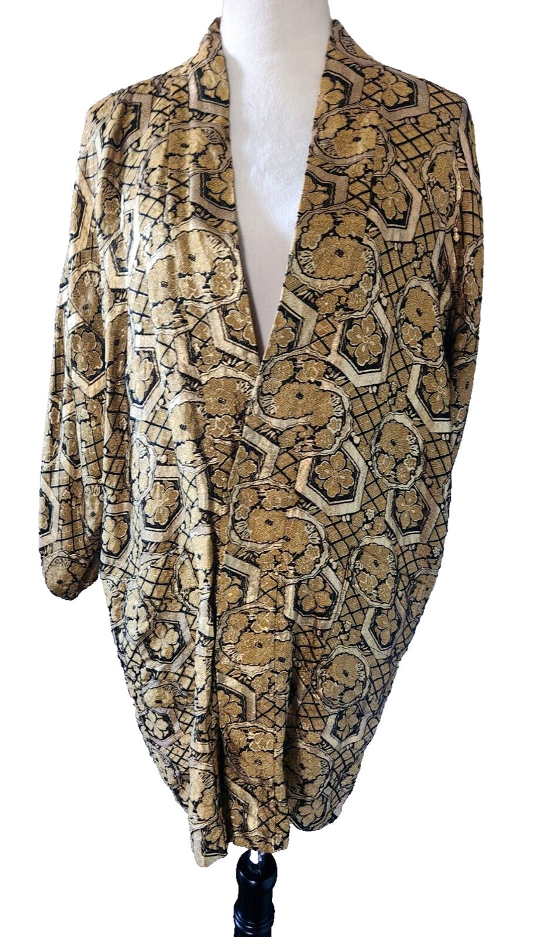 VTG 1960s Asian Oriental Black & Gold Brocade Duster Robe Kimono Jacket ...