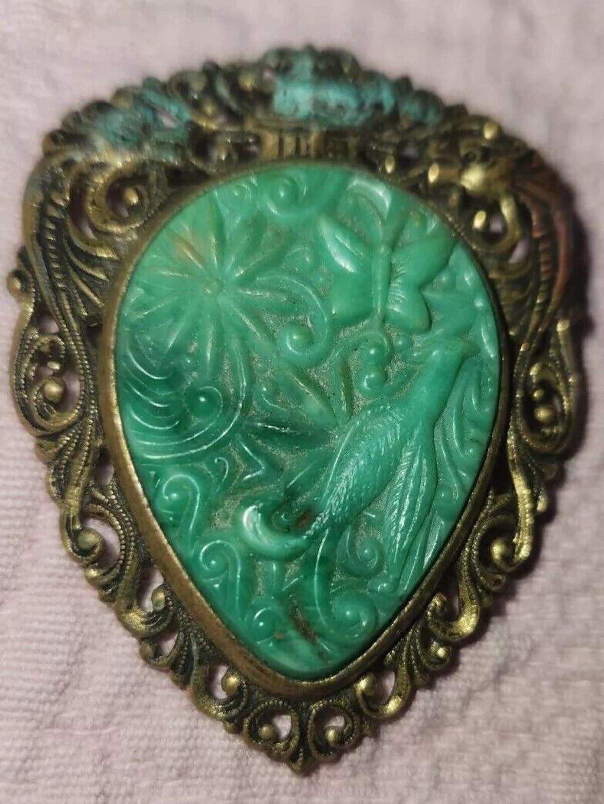 Vintage Chinese Carved Faux Jade Bird Brooch Pin Pendant Filigree - Etsy