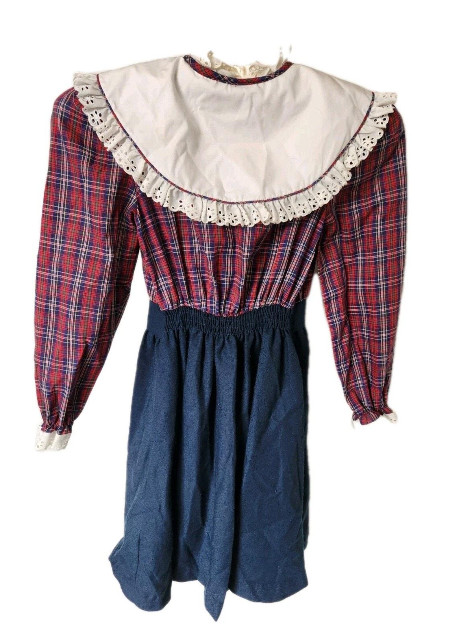 Vtg 80s Party Dress & Jacket Set Girls Red Blue Plaid White Collar Lace ...