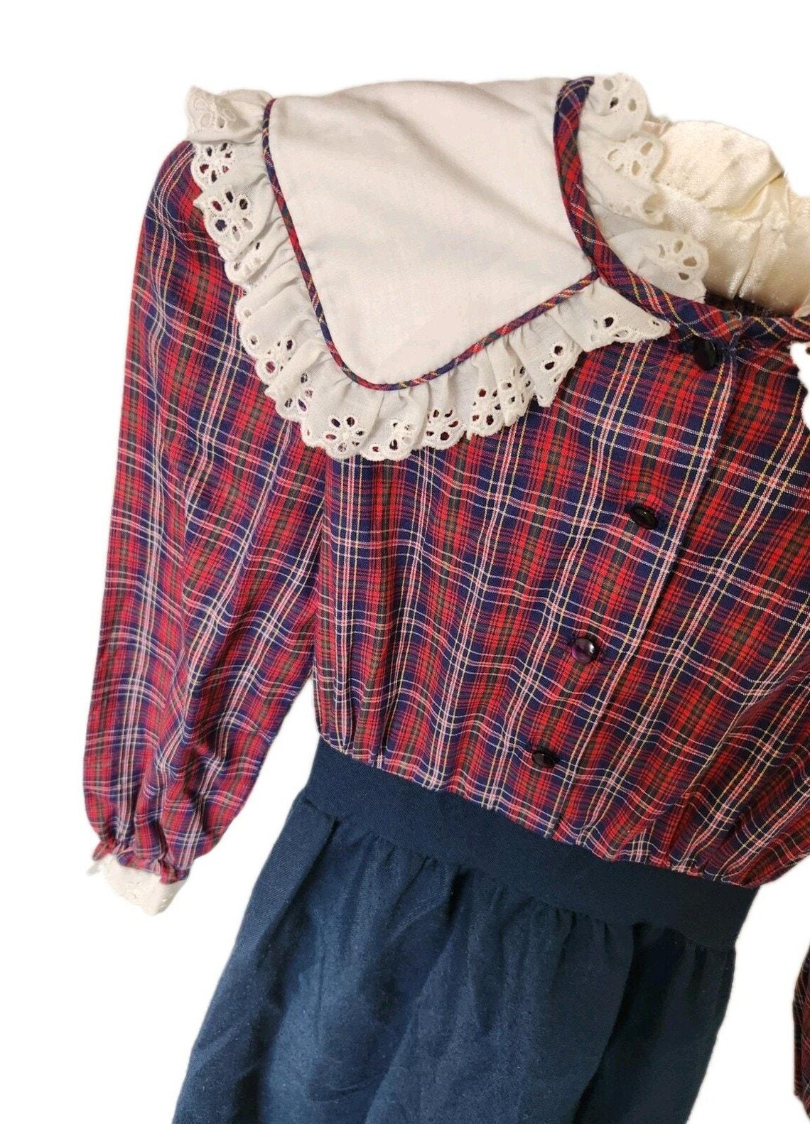 Vtg 80s Party Dress & Jacket Set Girls Red Blue Plaid White Collar Lace ...