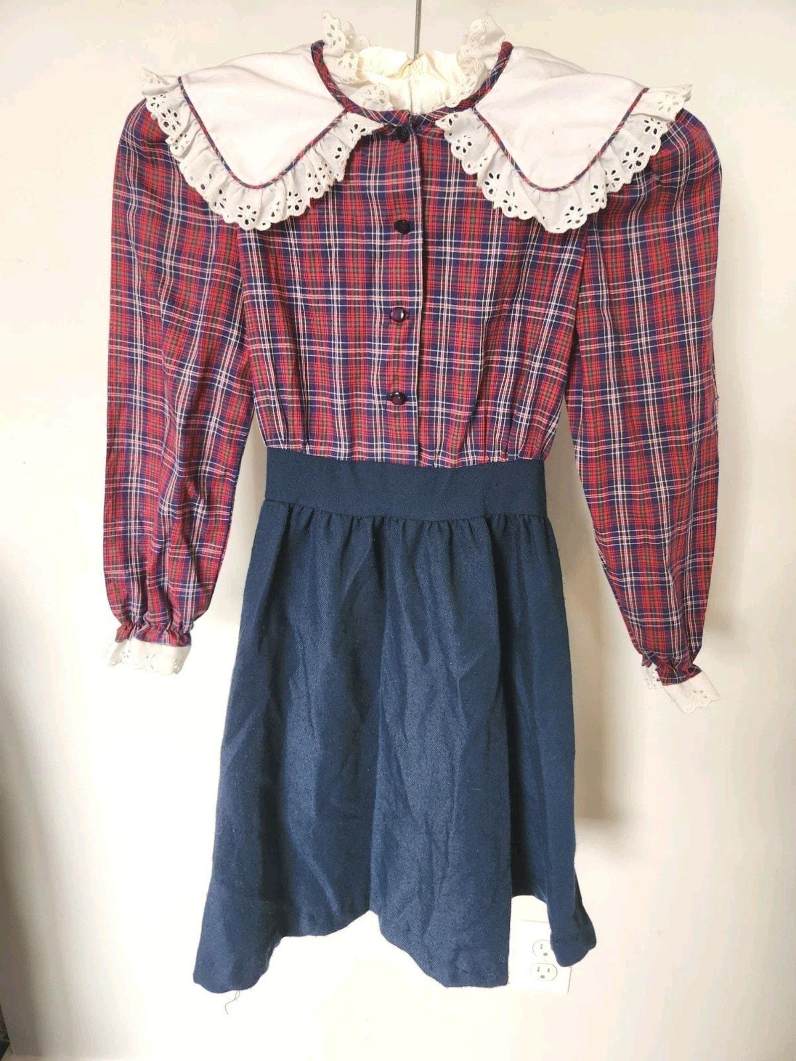 Vtg 80s Party Dress & Jacket Set Girls Red Blue Plaid White Collar Lace ...
