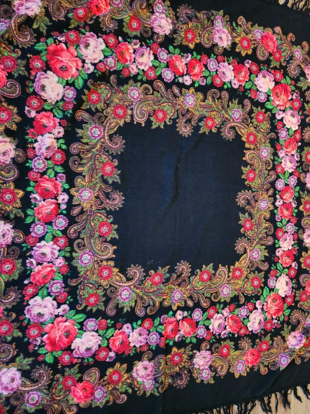 VTG Cottagecore Wool Red Roses Scarf Shawl Bohemian Fringed Floral Wrap ...