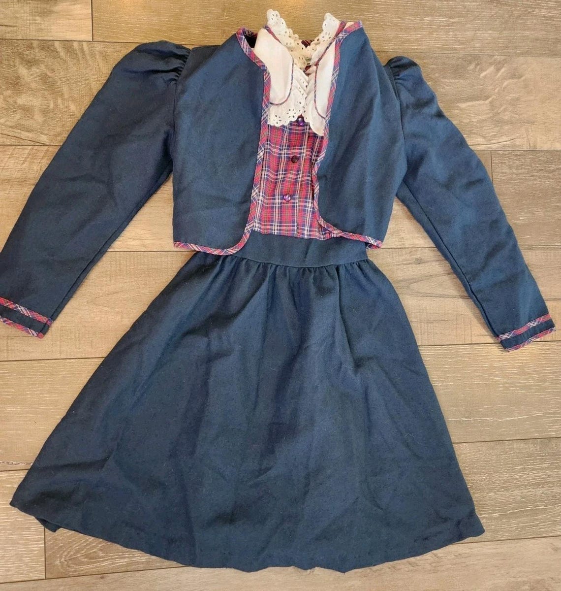 Vtg 80s Party Dress & Jacket Set Girls Red Blue Plaid White Collar Lace ...