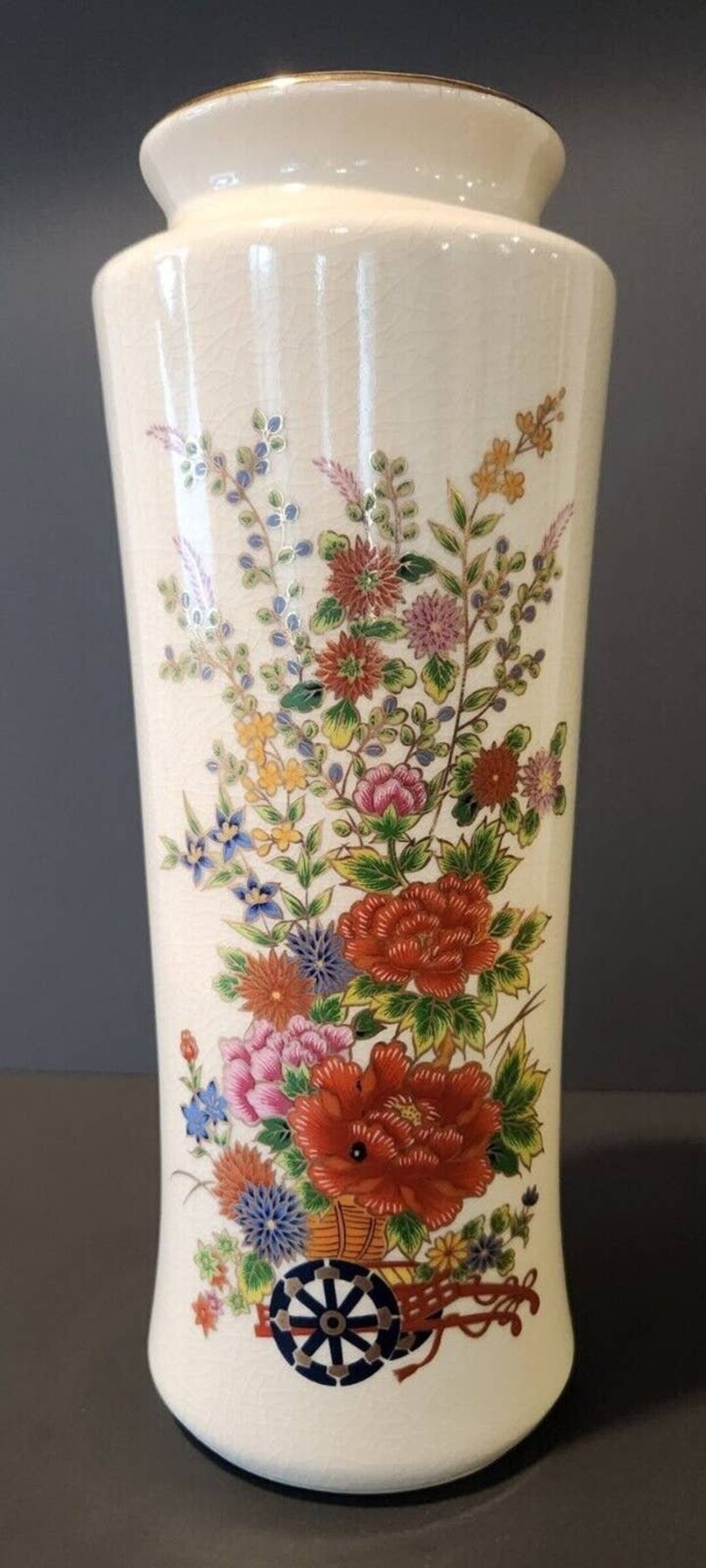 Vtg MCM Porcelain Tall Vase Japanese Satsuma Bijutsu Toku Flower ...
