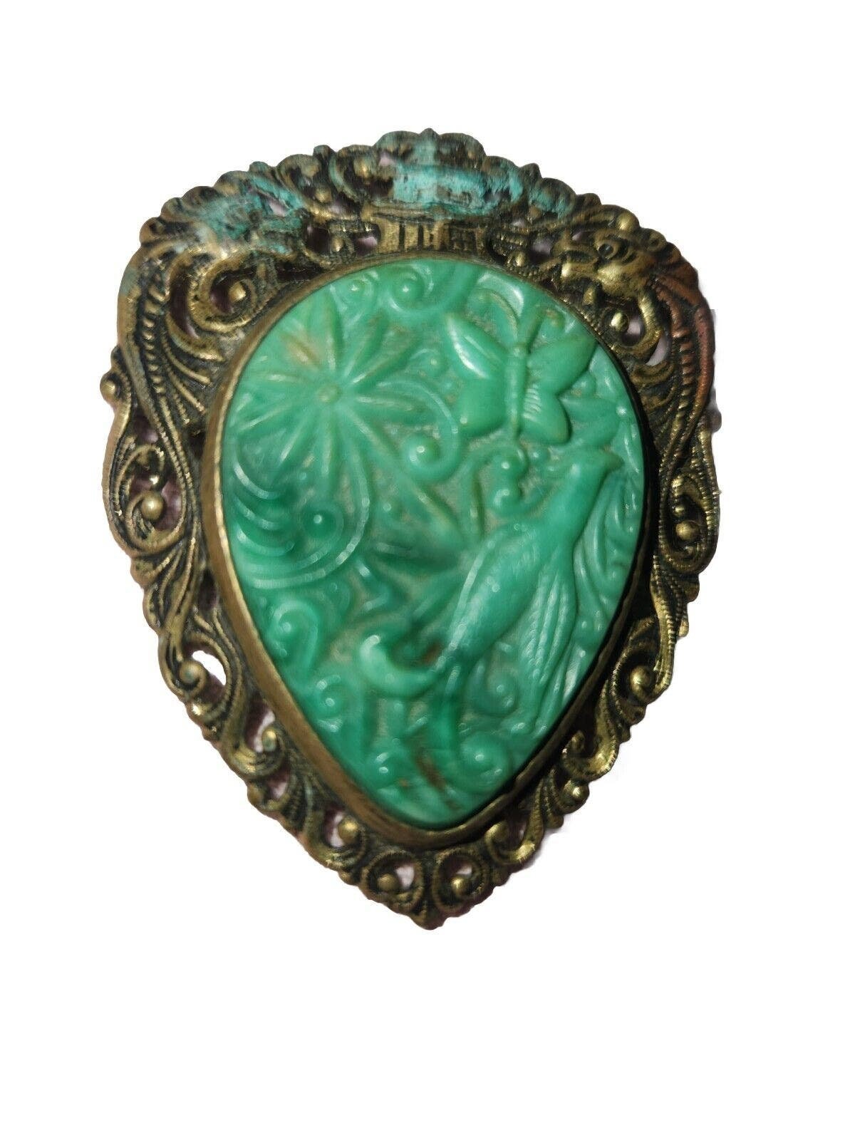 Vintage Chinese Carved Faux Jade Bird Brooch Pin Pendant Filigree - Etsy
