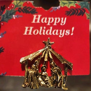 Vintage Nativity Scene Christmas Gold Tone Rhinestone Lapel Pin Brooch ...