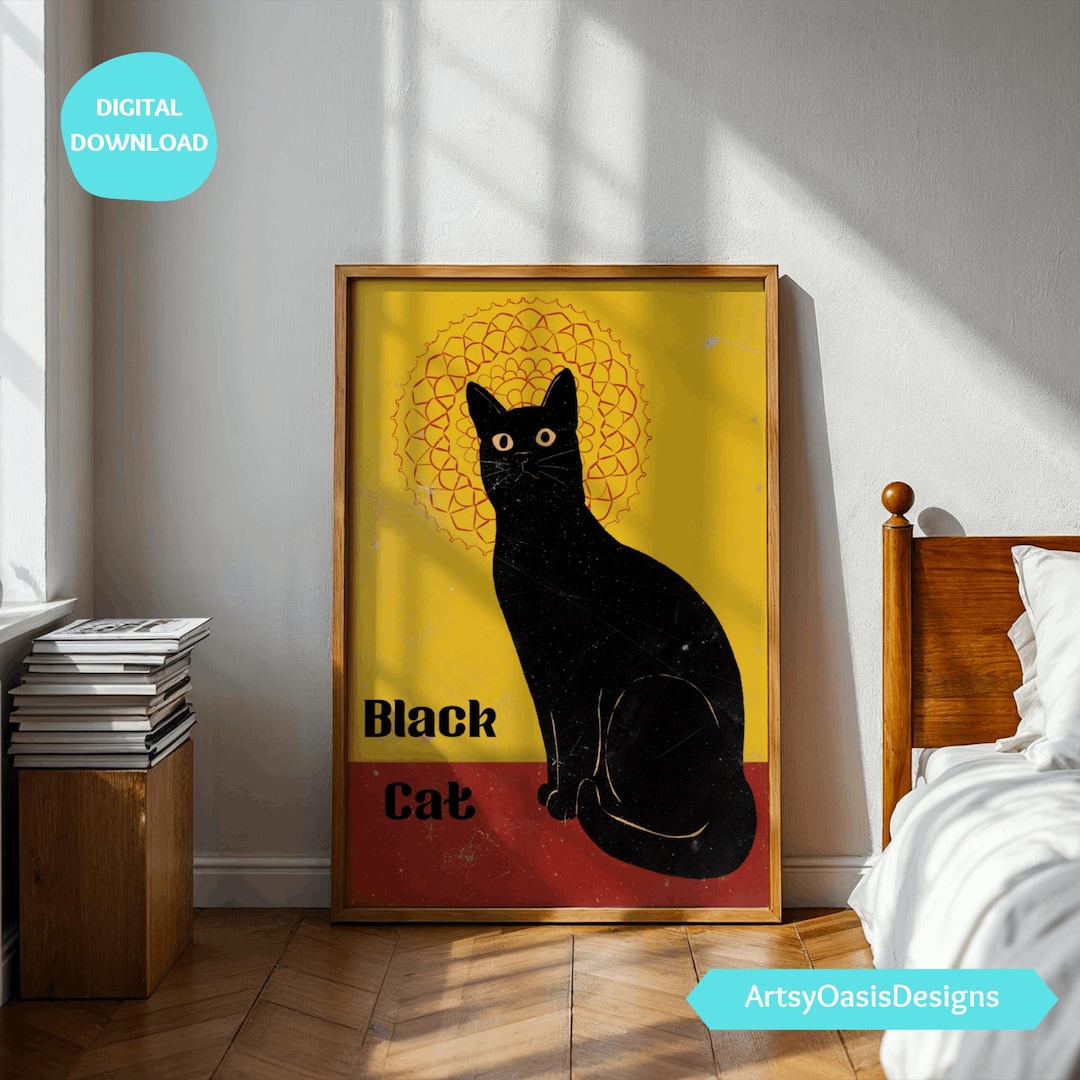 Black Cat Wall Art Printable, Modern Cat Illustration Poster, Digital ...