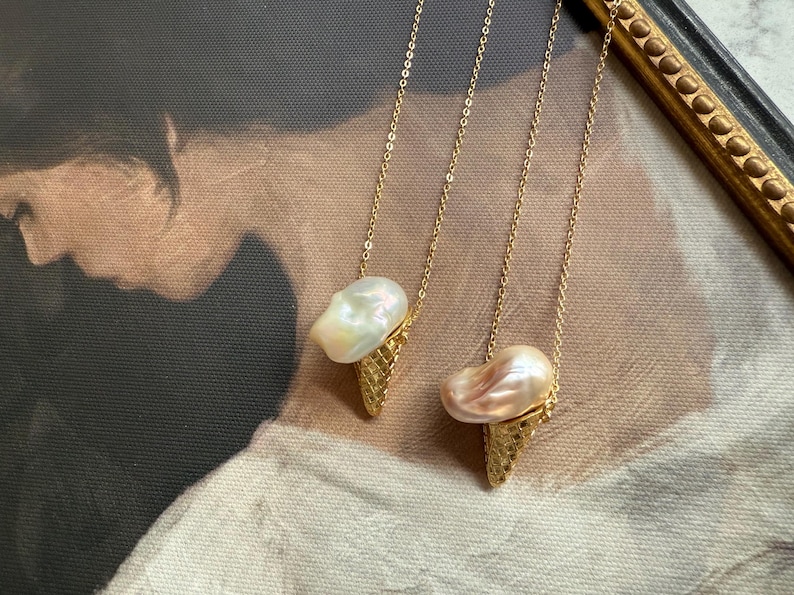 Delicious Delight: Ice Cream Waffle Cone Baroque Pearl Pendant Necklace ...