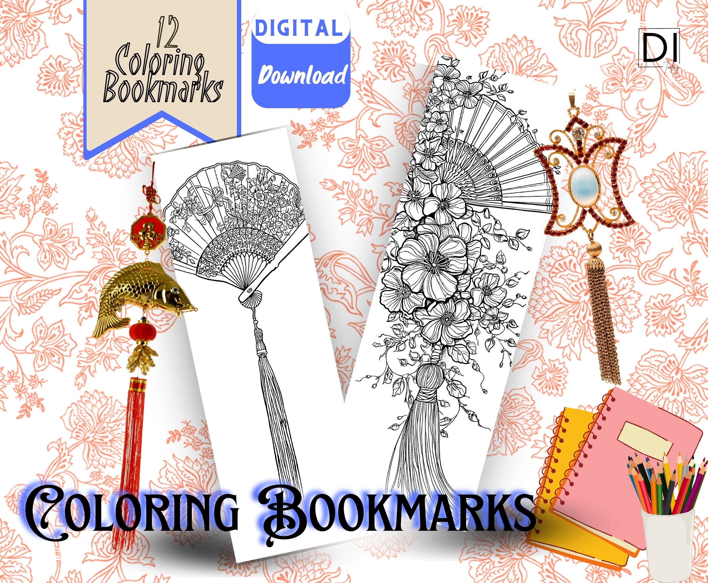 Korean Fan Mandala Coloring Bookmarks , South Asian Colouring Book Mark ...