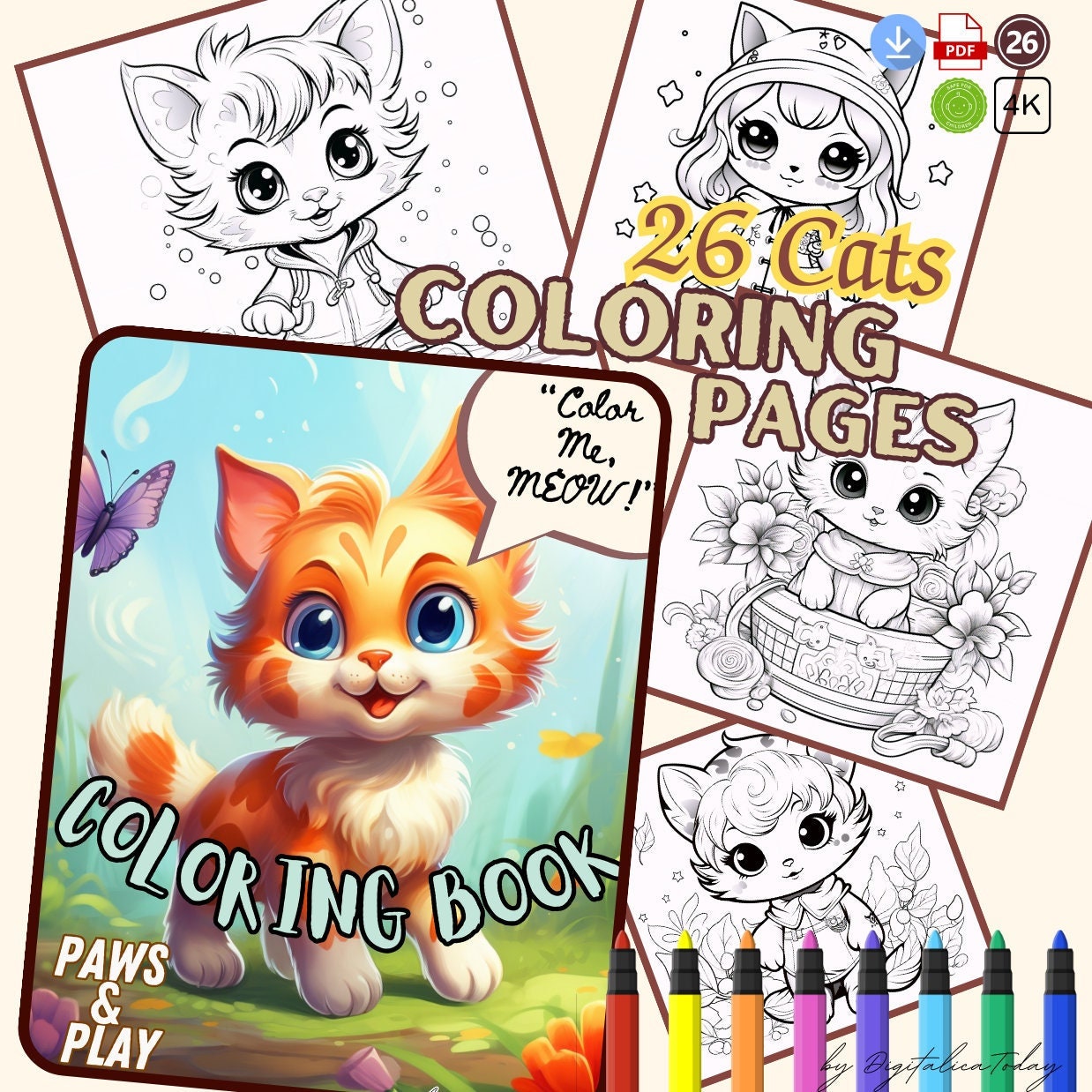 Cute Kitties Coloring Book for Children Toddlers, Adorable Cat Scenes ...