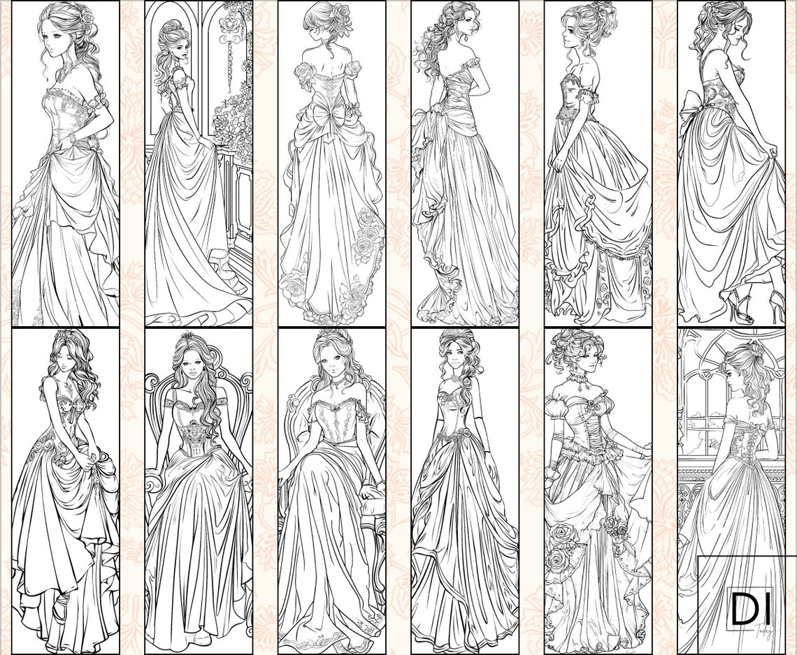 12 Princess Coloring Bookmark for Kids , Princess at the Ball Dress ...