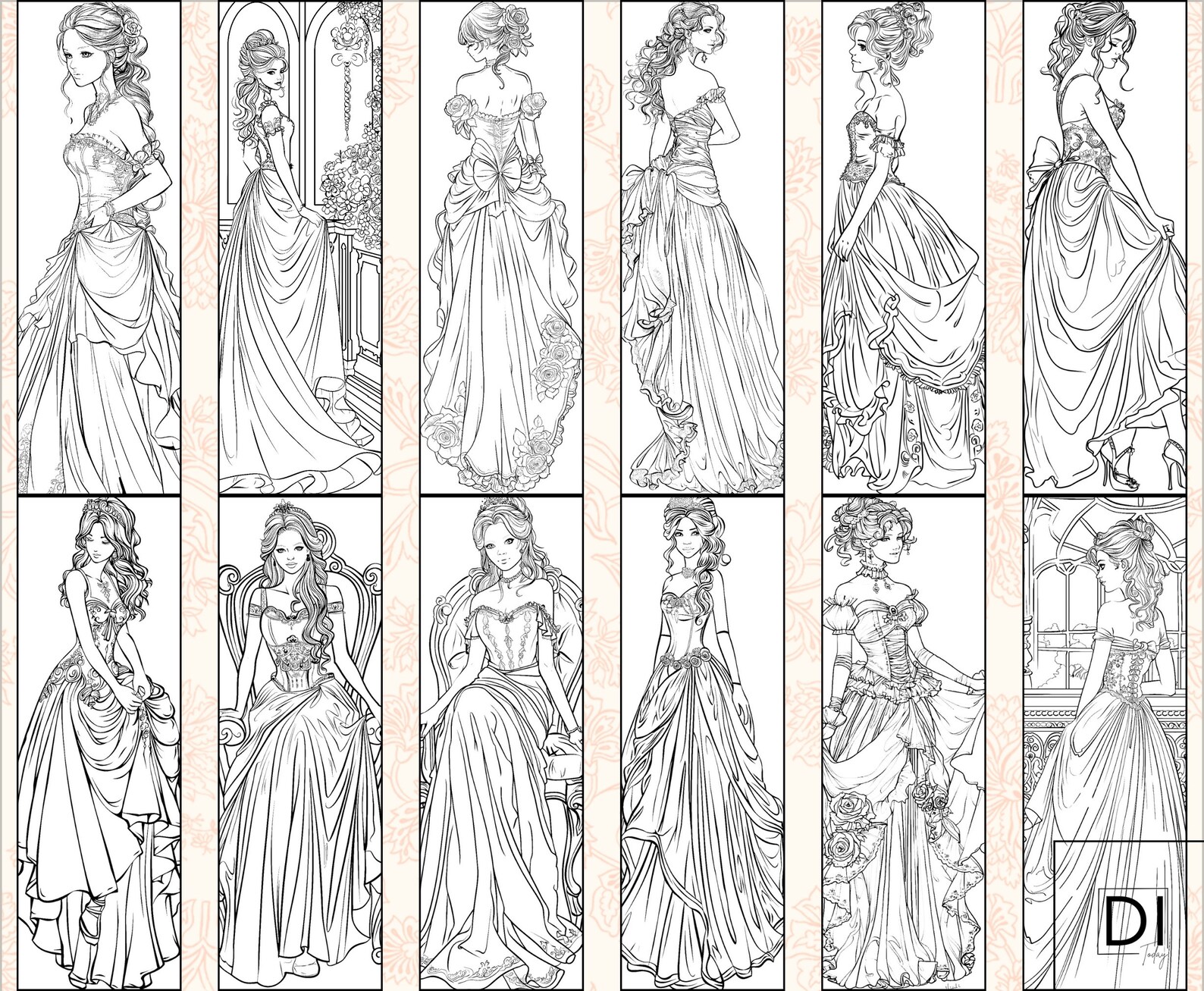 12 Princess Coloring Bookmark for Kids , Princess at the Ball Dress ...