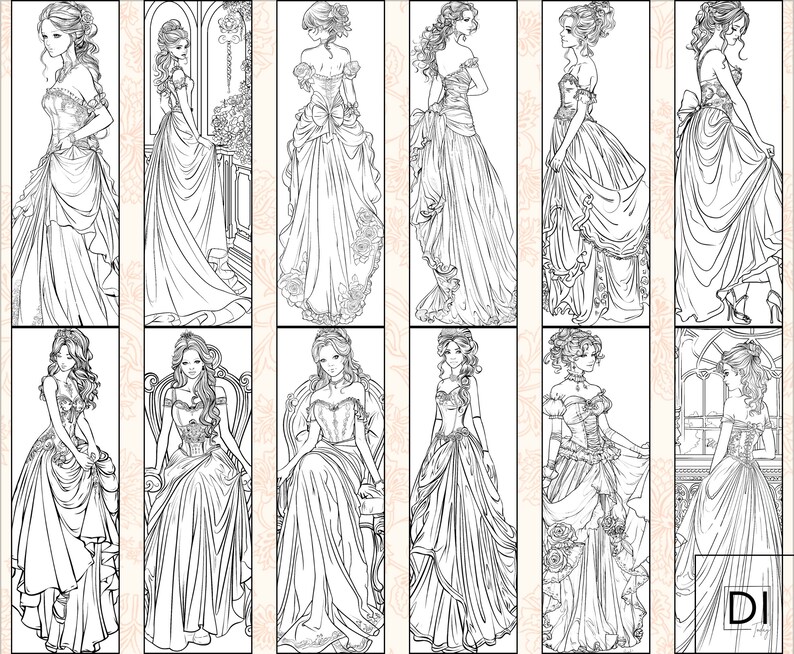 12 Princess Coloring Bookmark for Kids , Princess at the Ball Dress ...