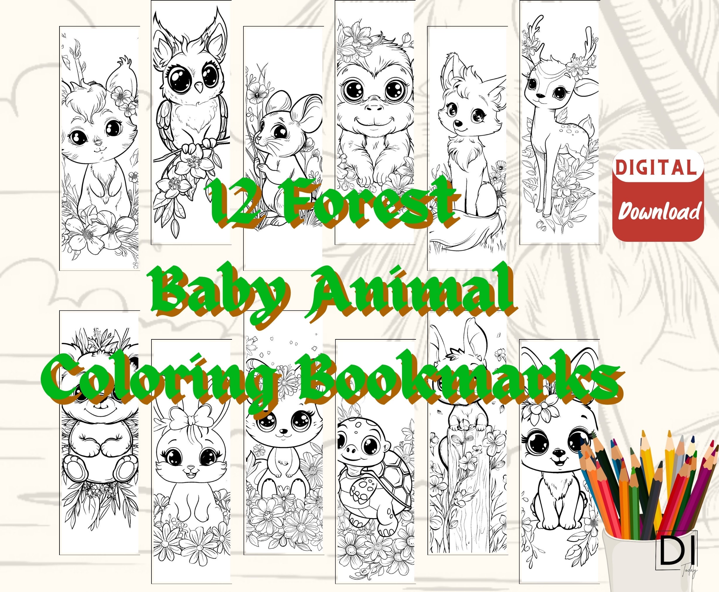 12 Baby Animal Coloring Bookmark for Kids , Book Lover Gift Box ...