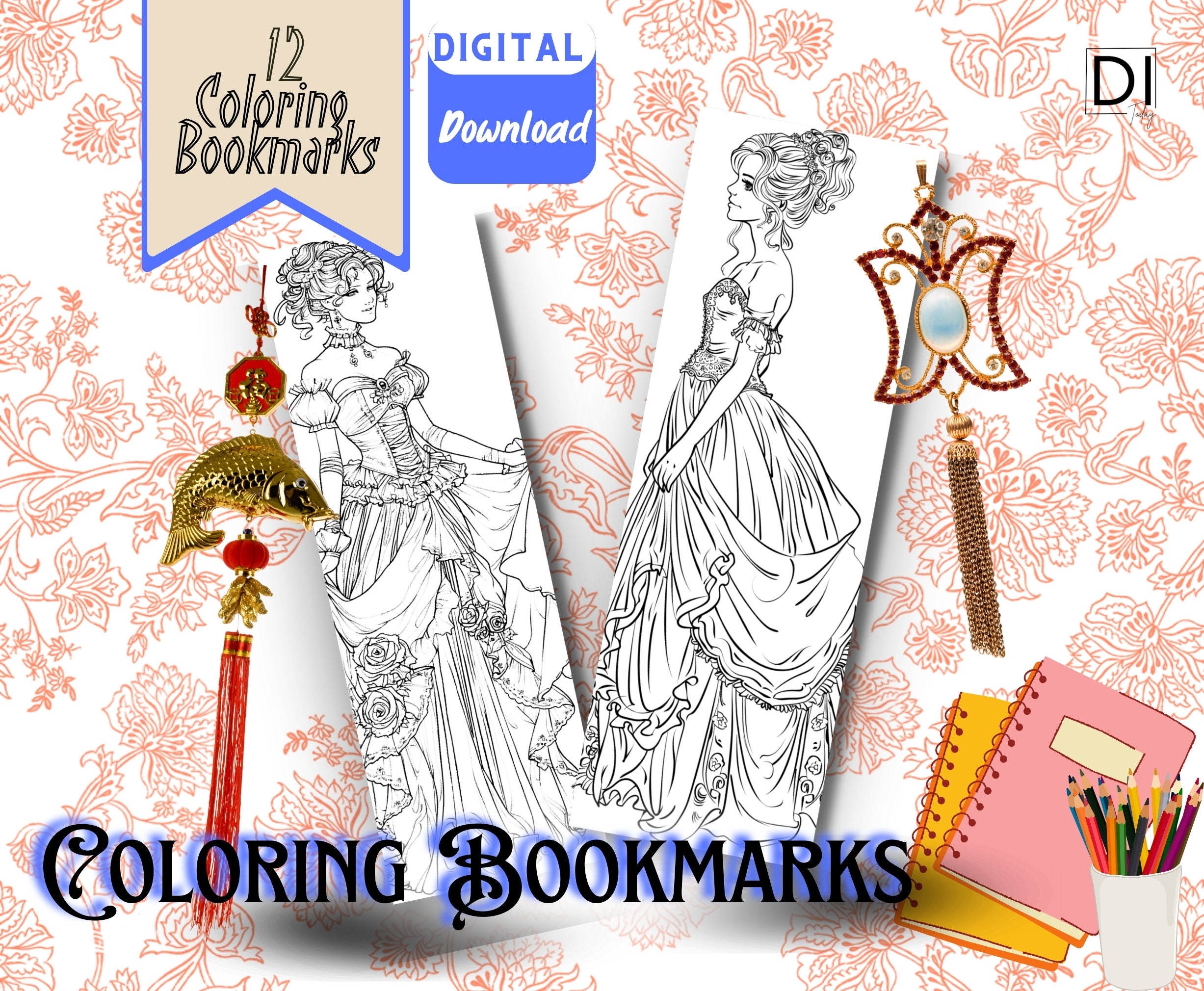 12 Princess Coloring Bookmark for Kids , Princess at the Ball Dress ...