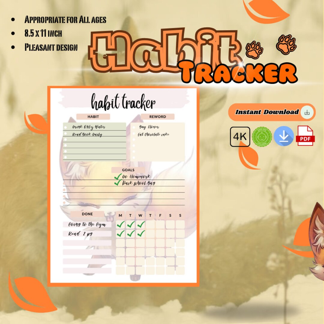 Digital Habit Tracker With Animal Design, Single Page Habit Tracking ...