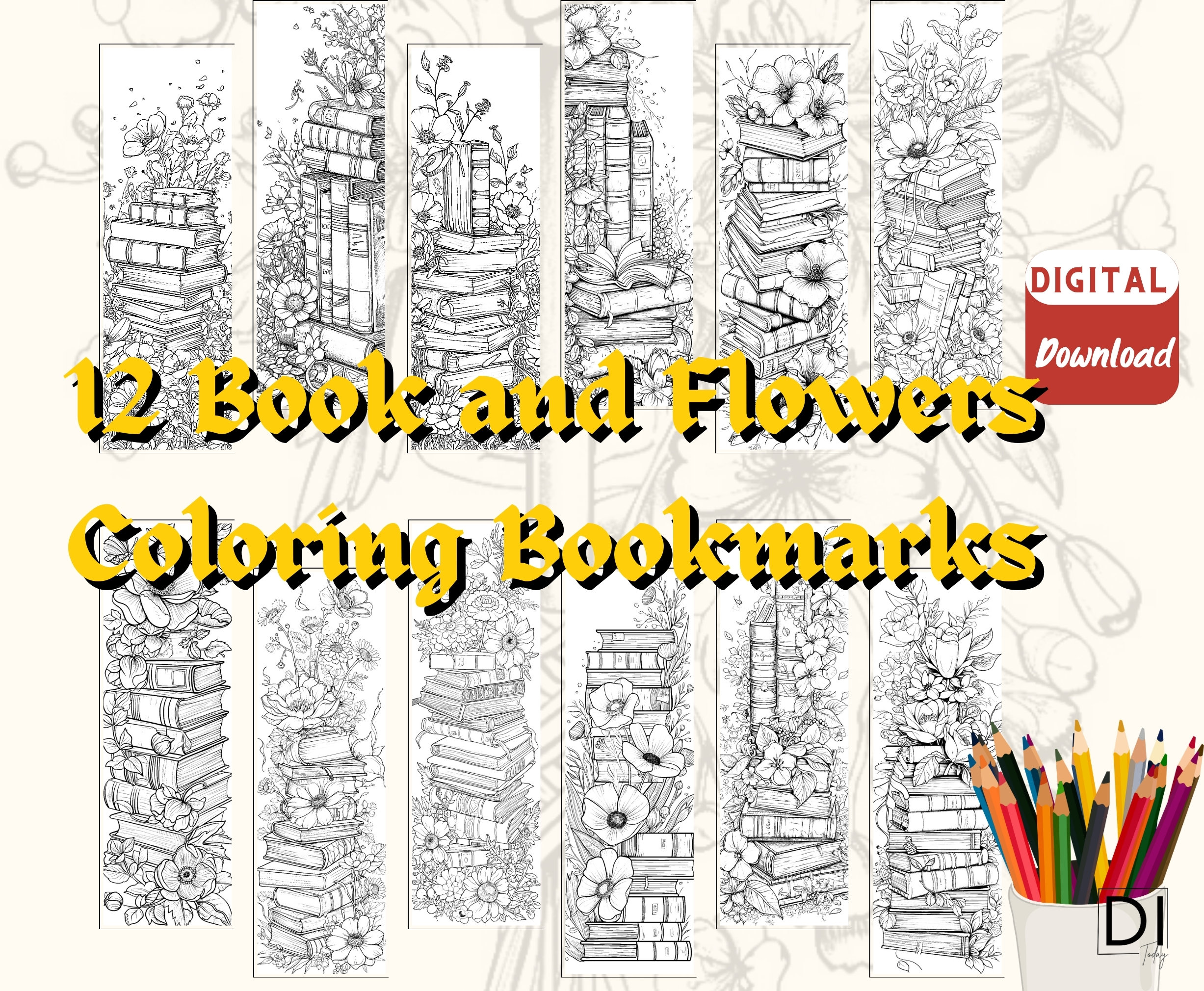 12 Flower Coloring Digital Bookmark Set, Gift for Book Lover Teacher ...