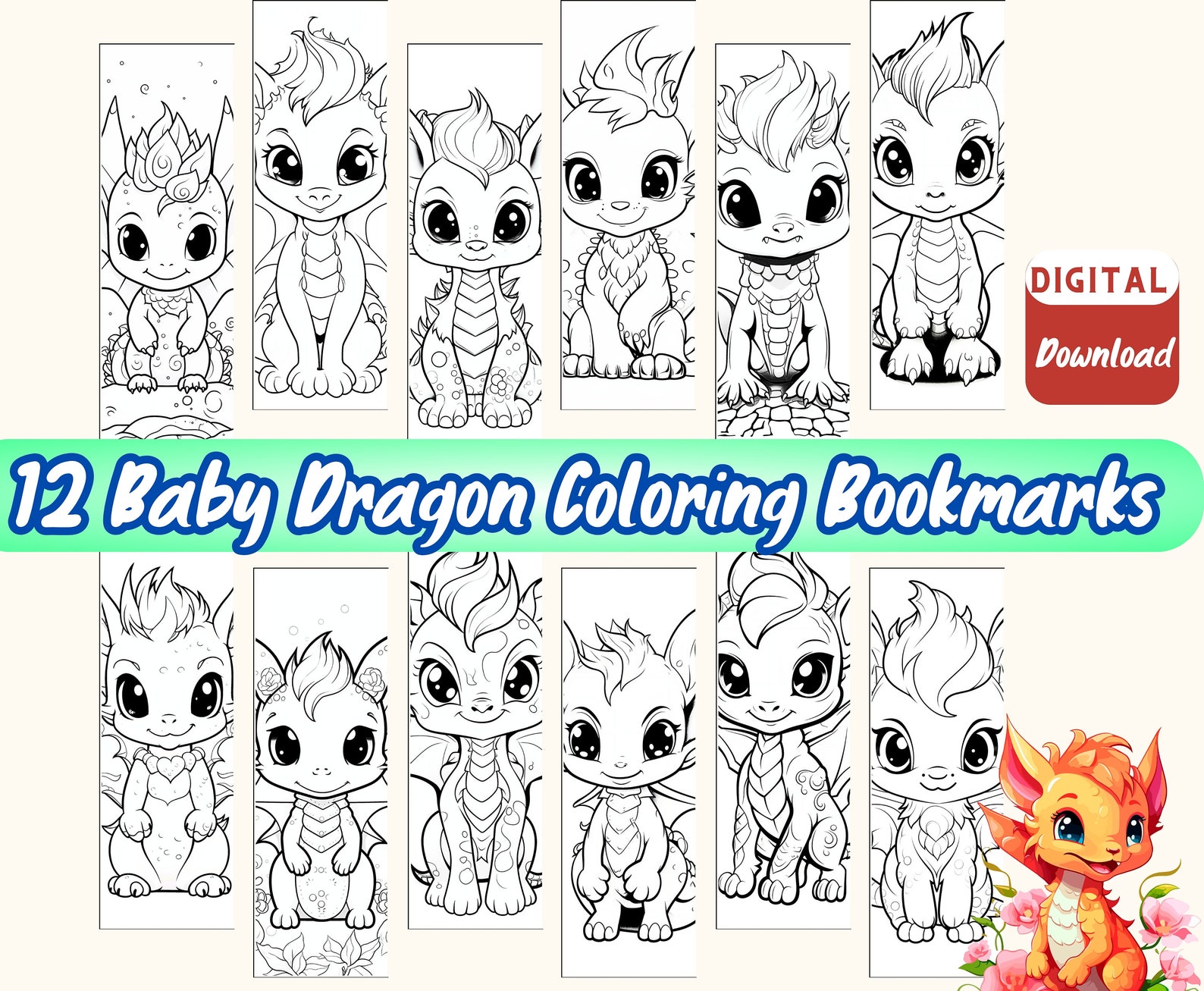 Baby Dragon Coloring Bookmark for Kids , Children Diy Craft , Printable ...