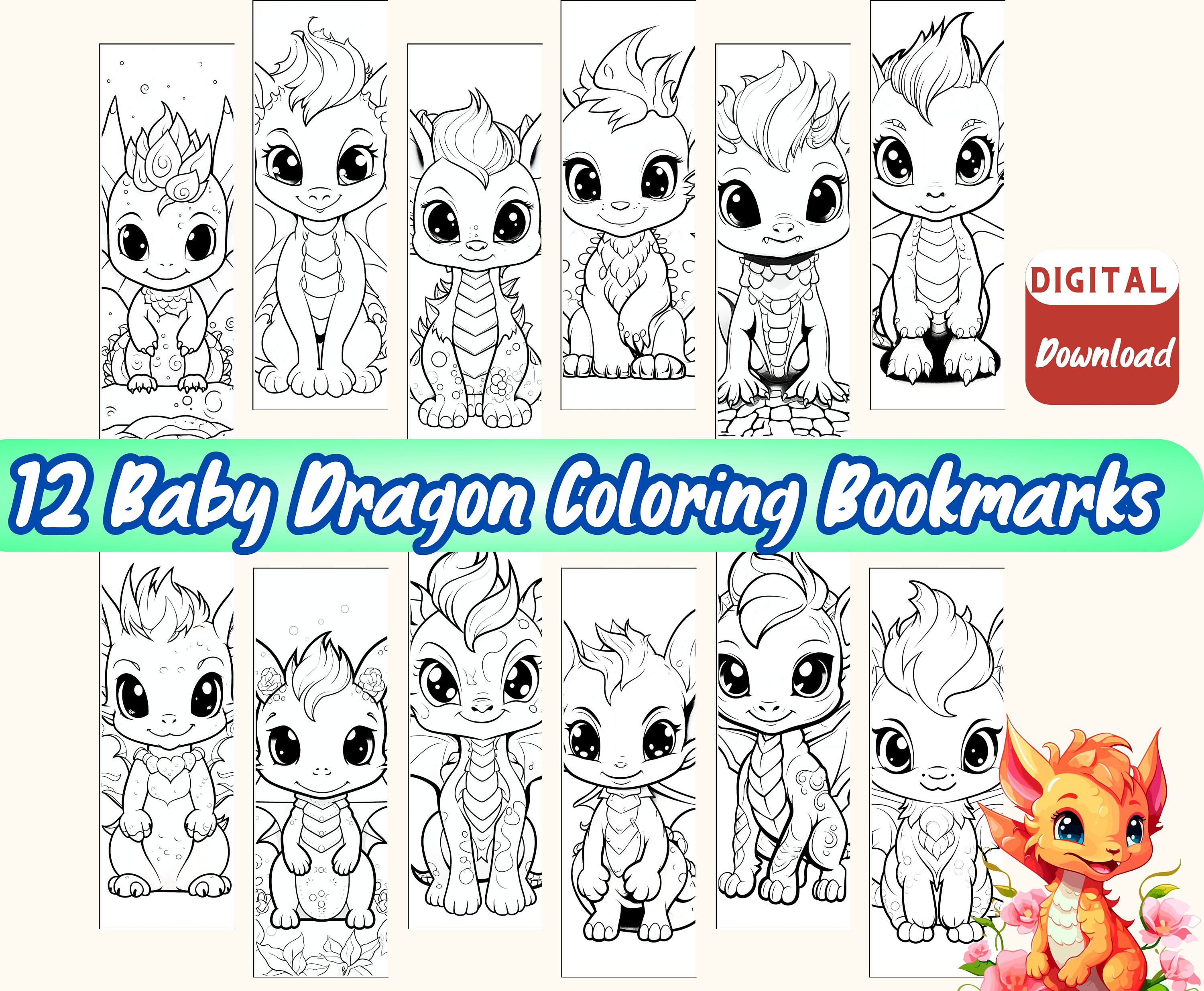 Baby Dragon Coloring Bookmark for Kids , Children Diy Craft , Printable ...