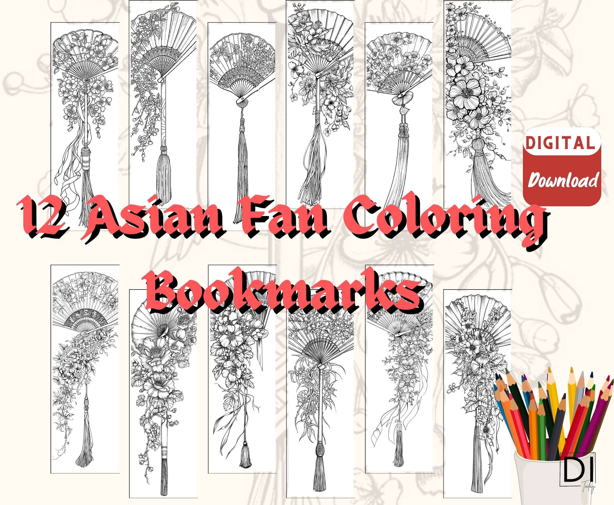 Korean Fan Mandala Coloring Bookmarks , South Asian Colouring Book Mark ...