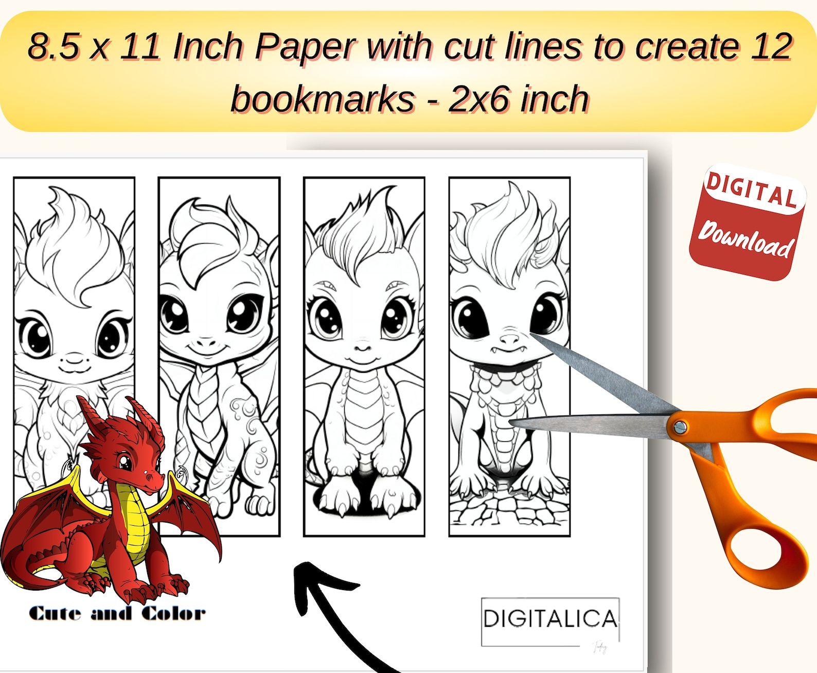 Baby Dragon Coloring Bookmark for Kids , Children Diy Craft , Printable ...
