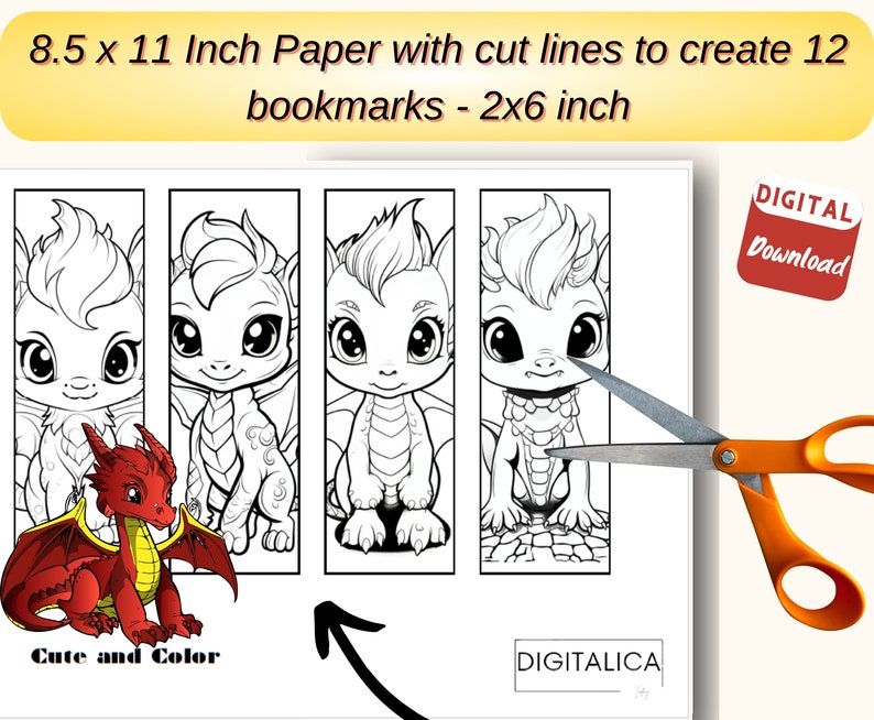 Baby Dragon Coloring Bookmark for Kids , Children Diy Craft , Printable ...