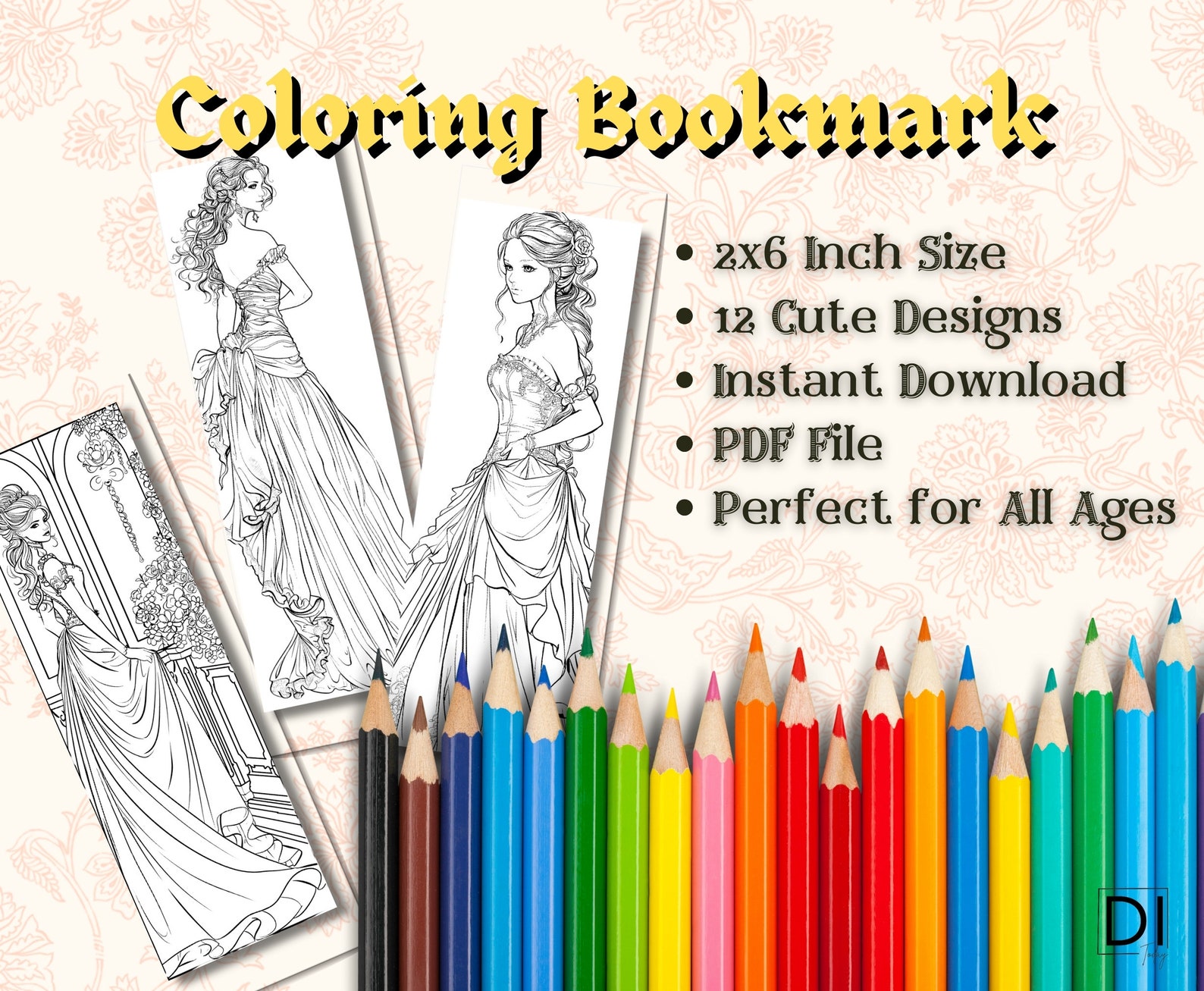12 Princess Coloring Bookmark for Kids , Princess at the Ball Dress ...