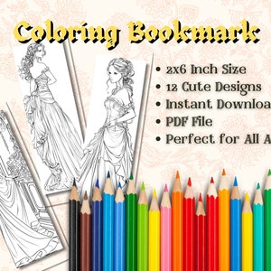 12 Princess Coloring Bookmark for Kids , Princess at the Ball Dress ...