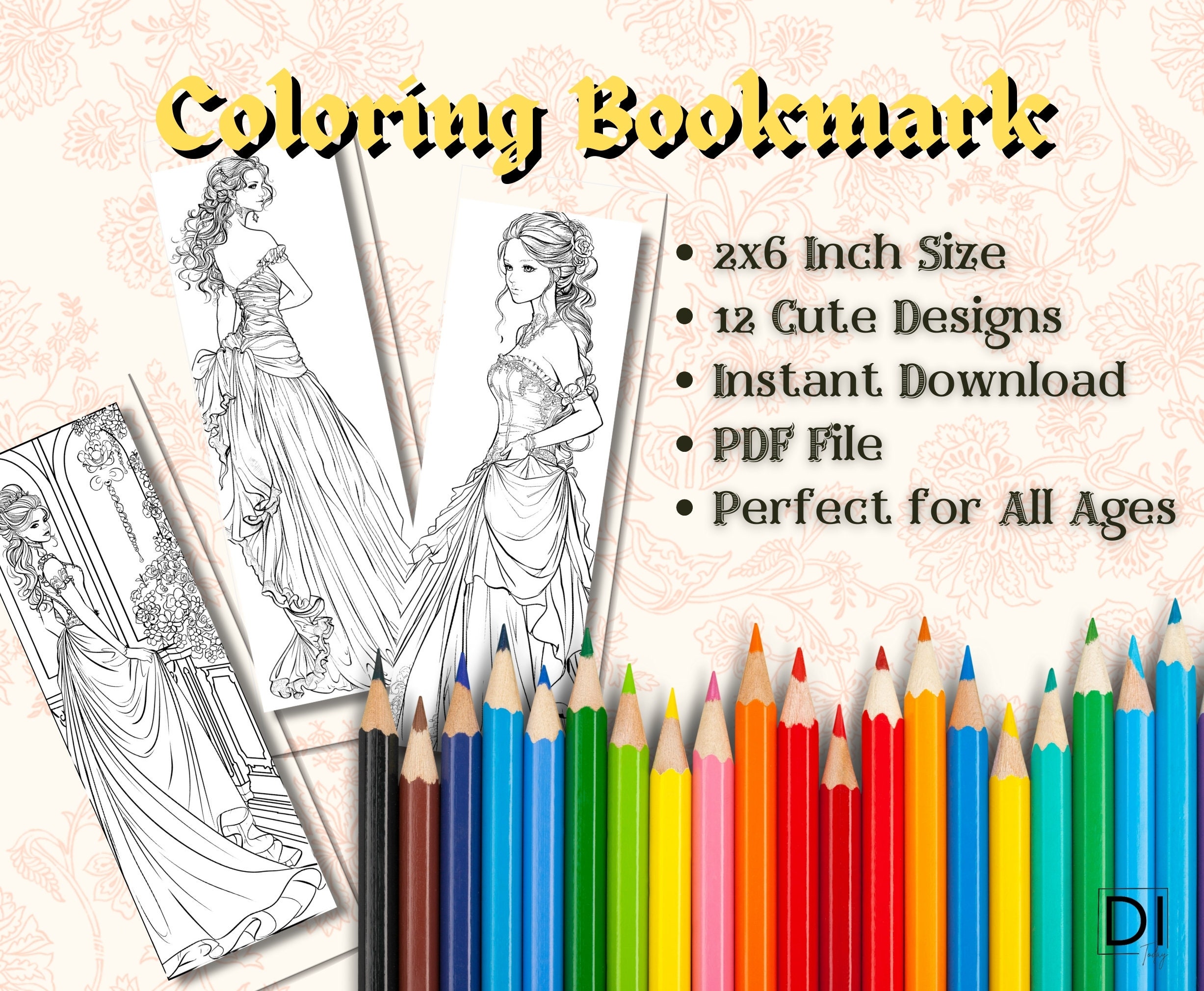 12 Princess Coloring Bookmark for Kids , Princess at the Ball Dress ...