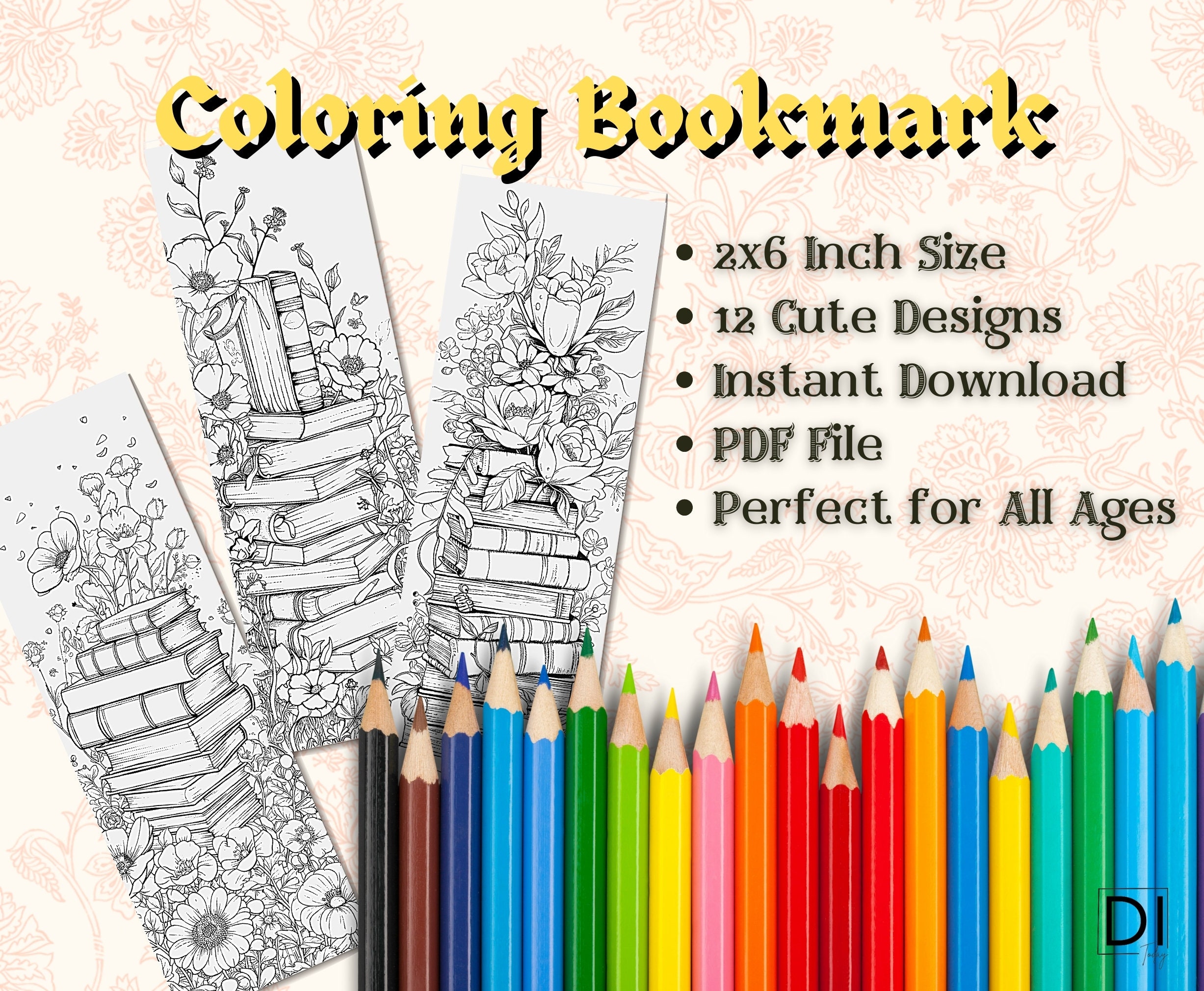 12 Flower Coloring Digital Bookmark Set, Gift for Book Lover Teacher ...