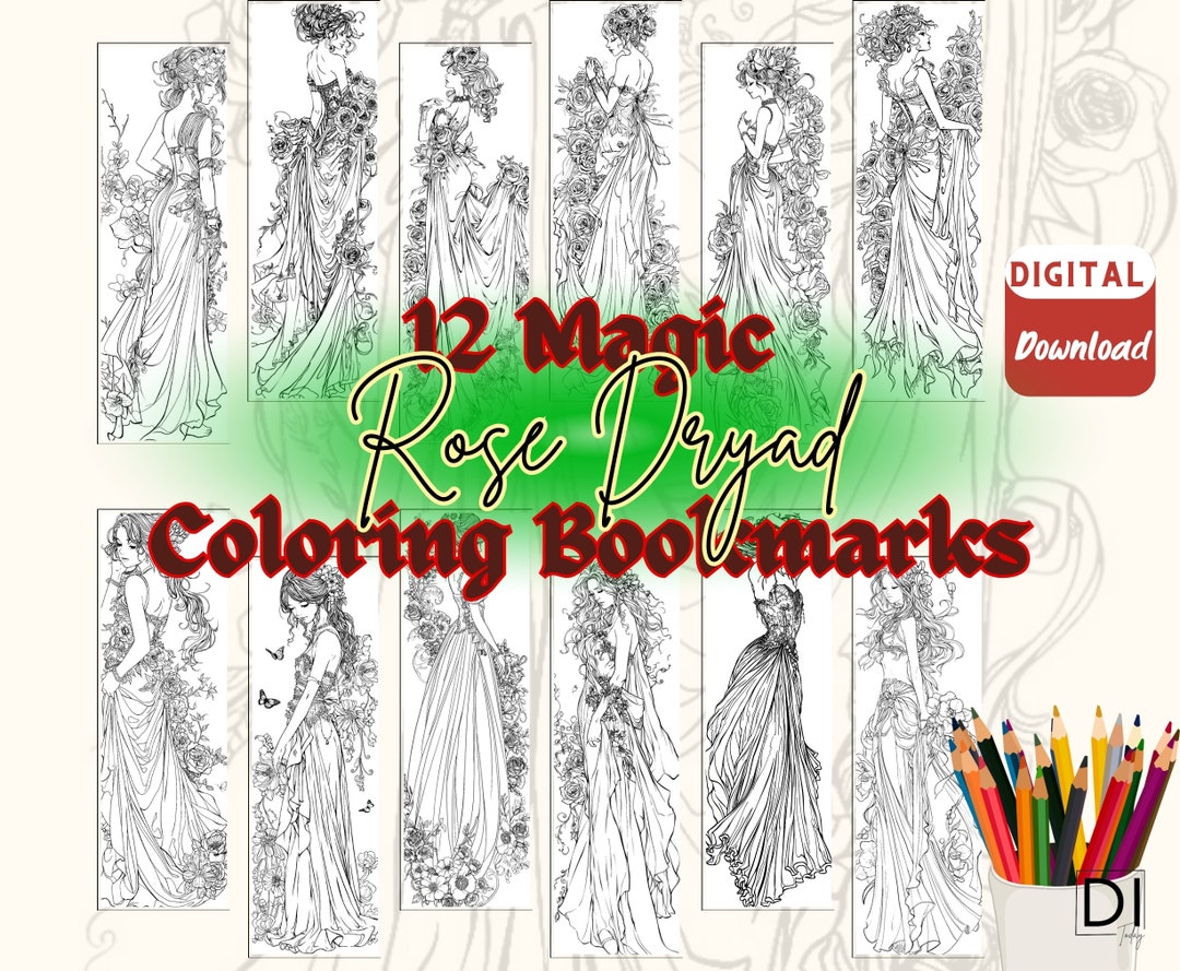 12 Magic Rose Dryad Coloring Digital Bookmark , Fantasy Fairies , Gift ...