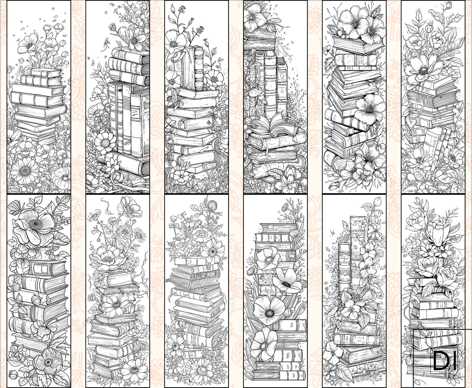 12 Flower Coloring Digital Bookmark Set, Gift for Book Lover Teacher ...