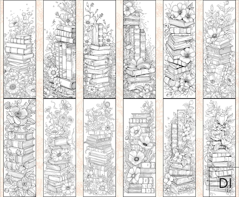 12 Flower Coloring Digital Bookmark Set, Gift for Book Lover Teacher ...
