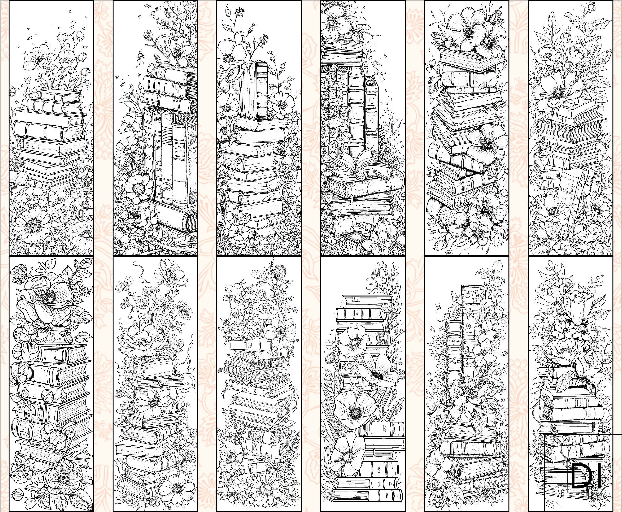 12 Flower Coloring Digital Bookmark Set, Gift for Book Lover Teacher ...