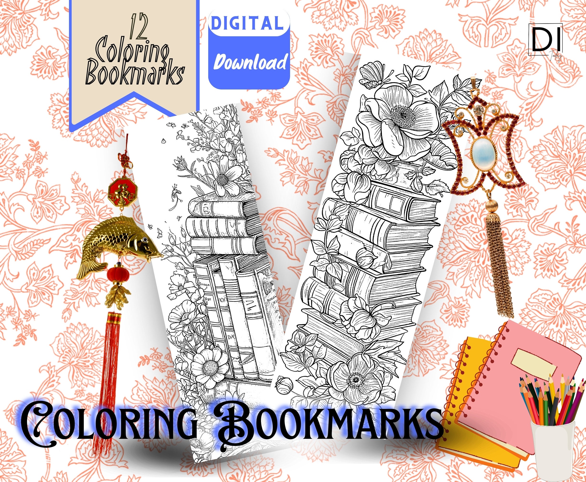 12 Flower Coloring Digital Bookmark Set, Gift for Book Lover Teacher ...