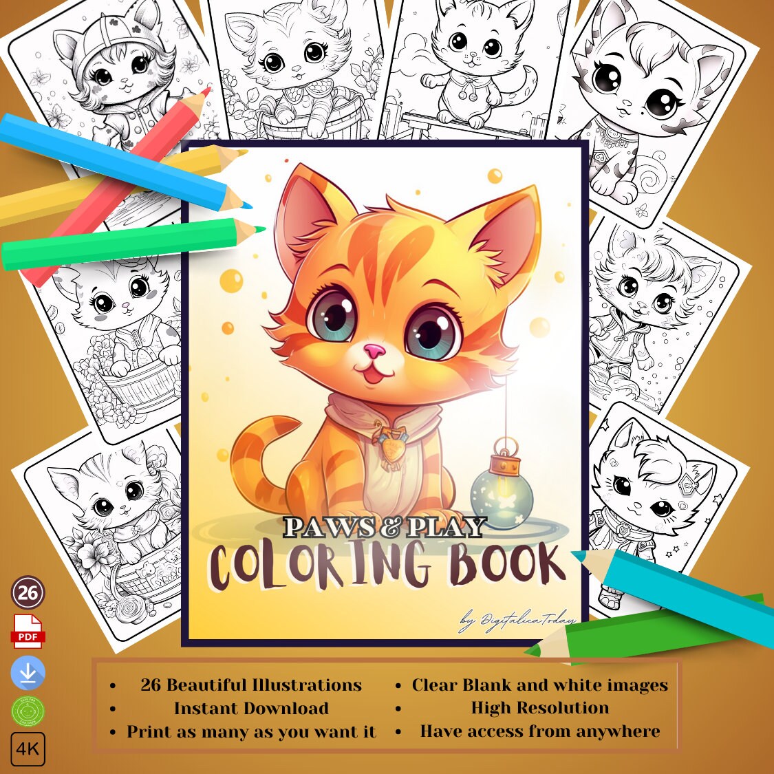 Cute Kitties Coloring Book for Children Toddlers, Adorable Cat Scenes ...