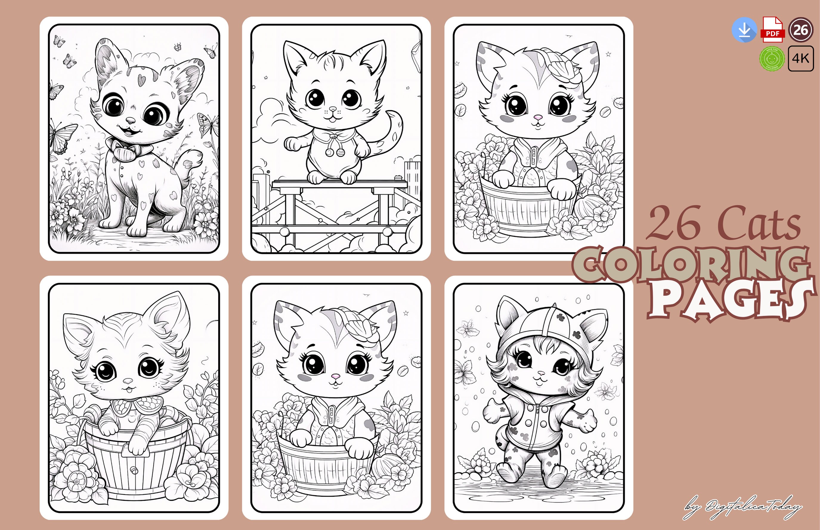 Cute Kitties Coloring Book for Children Toddlers, Adorable Cat Scenes ...