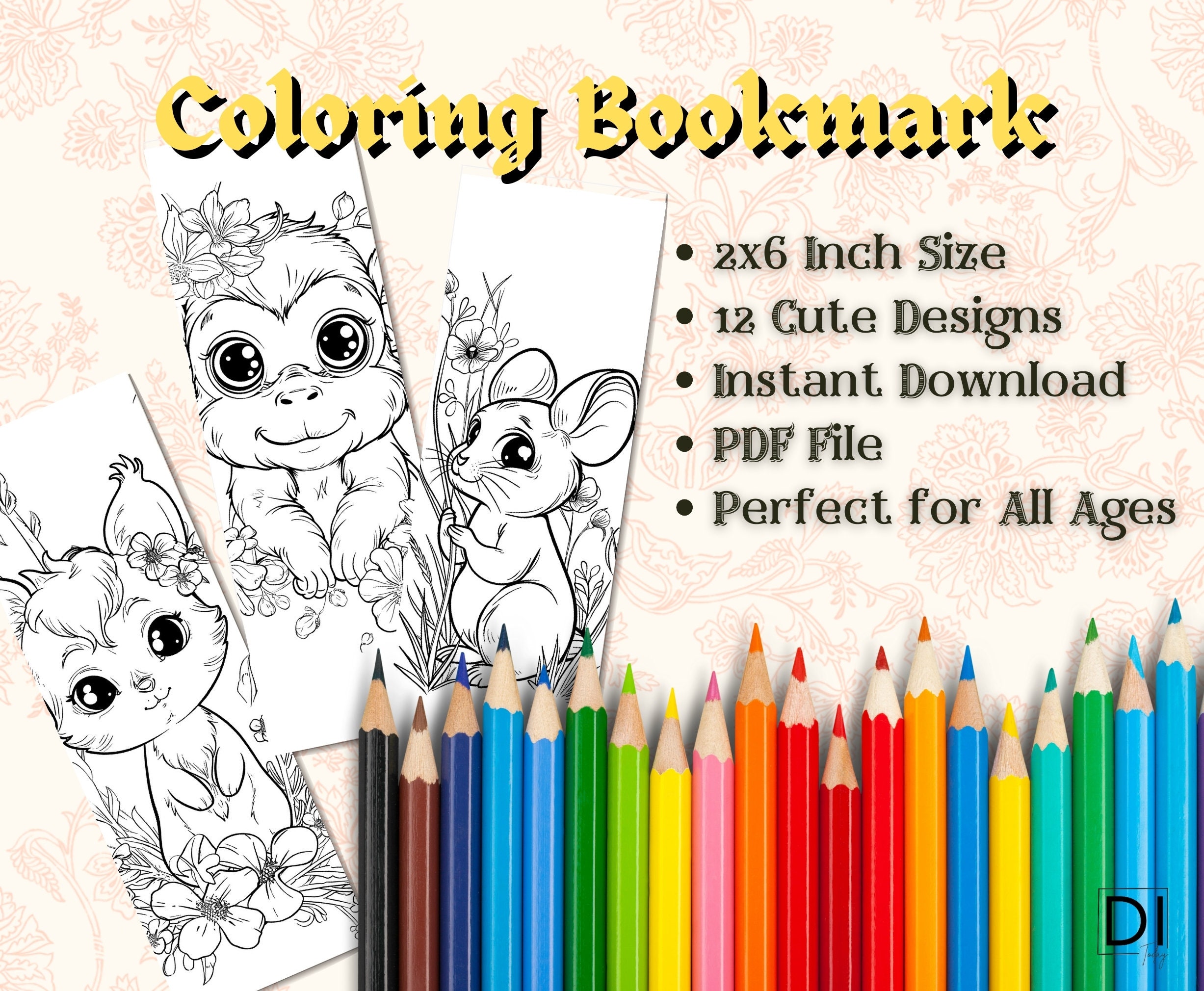 12 Baby Animal Coloring Bookmark for Kids , Book Lover Gift Box ...