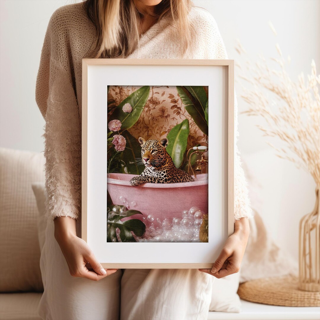 Leopard in Pink Tub Print | Jungle Bathroom Art (digital Download) - Etsy