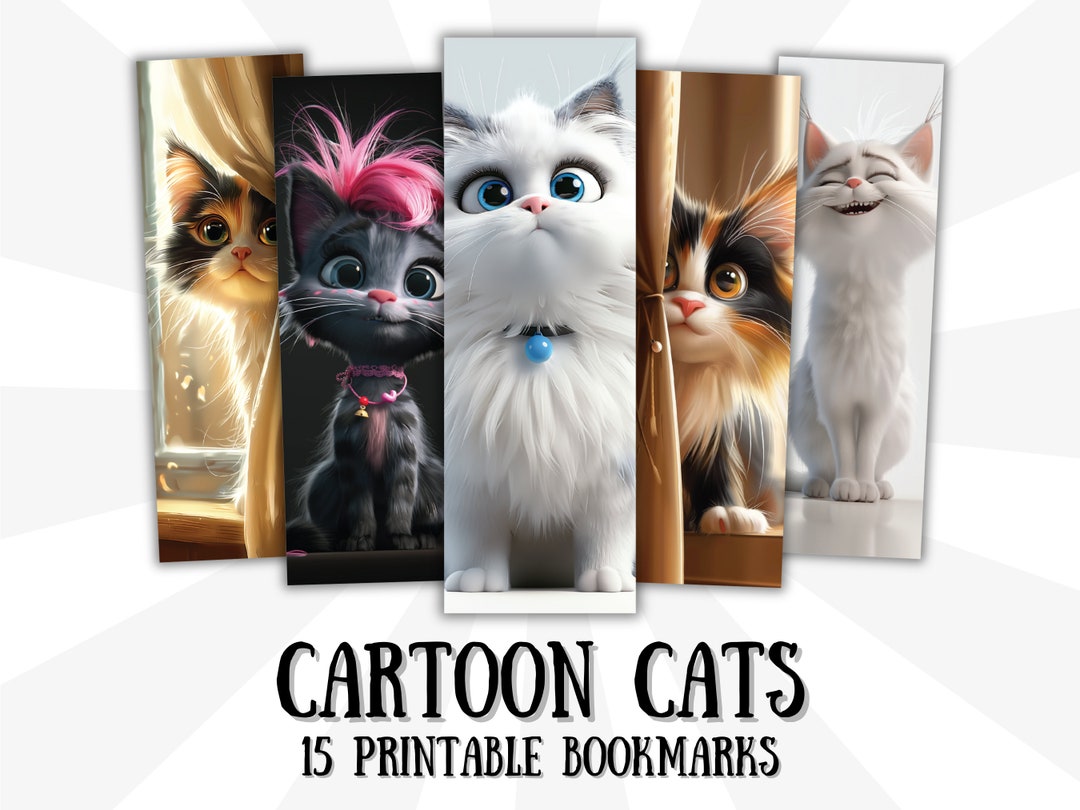 Fluffy Cartoon Cats Printable Bookmarks, Cute Bookmark Set, Bookmarks ...