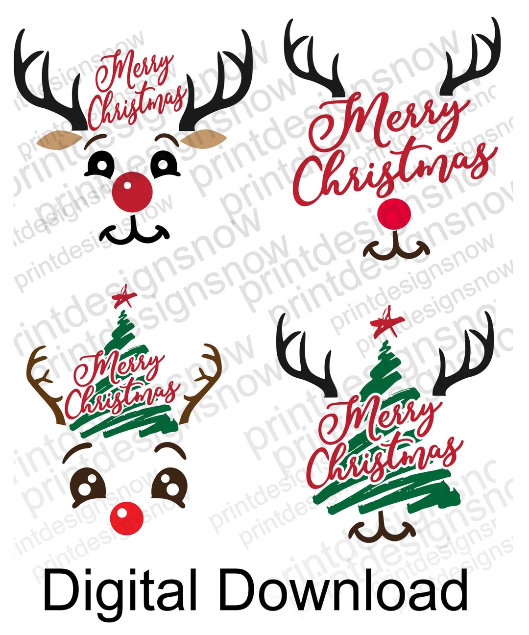 Four Merry Christmas Reindeer Designs, Rudolph Red Nose Merry Christmas ...