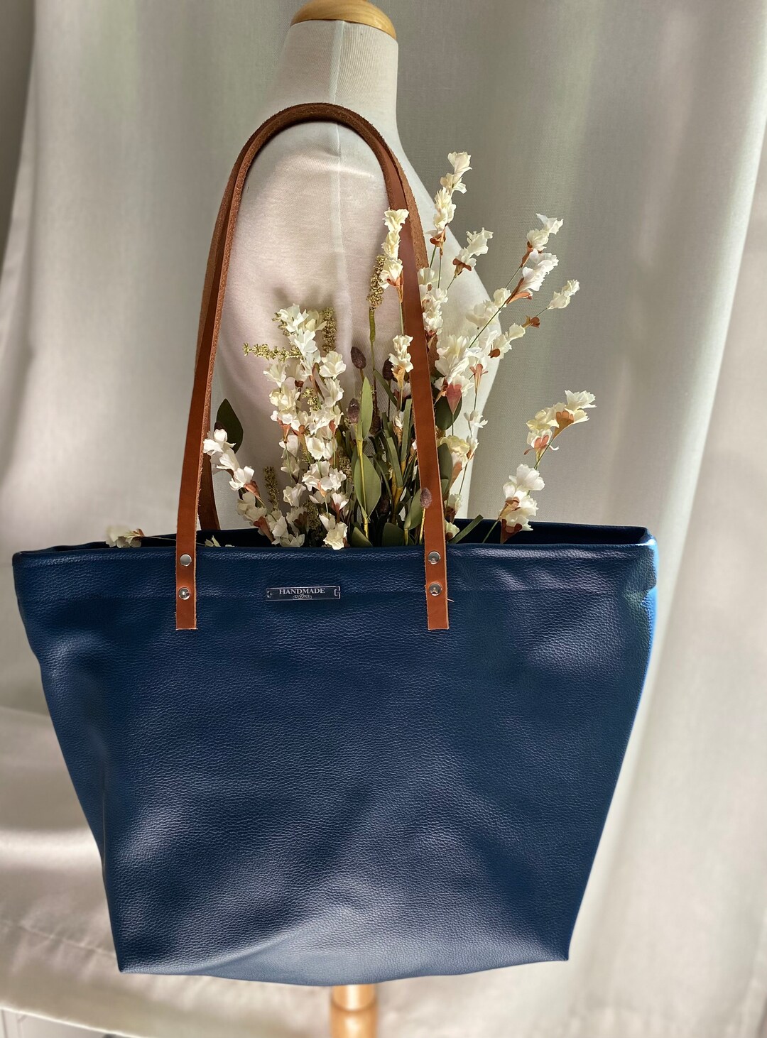 Faux Leather Navy Tote Bag With Brown Handles Shopping Bag Fashionable ...