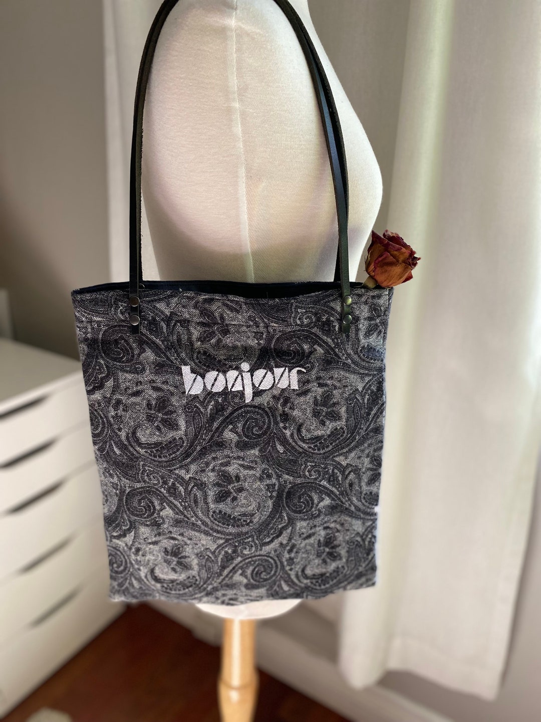 Upcycled 100% Wool Embroidered Bonjour Tote Bag Shopping Bag ...